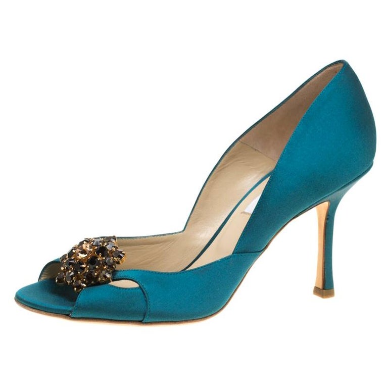 Jimmy Choo Turquoise Blue Satin Crystal Cut Out Peep Toe Sandals Size ...