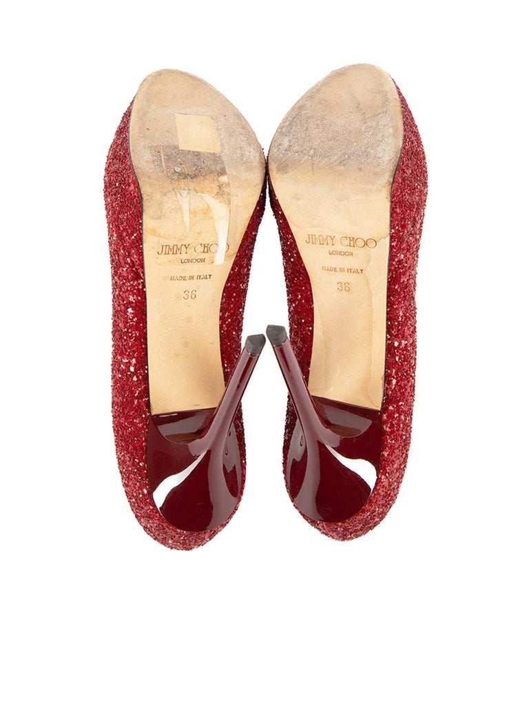 Jimmy Choo Women's Red Glitter Almond Toe Platform Pumps For Sale at ...