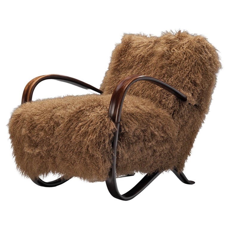 Jindřich Halabala Lounge Chair in Brown Tibetan Wool at 1stDibs