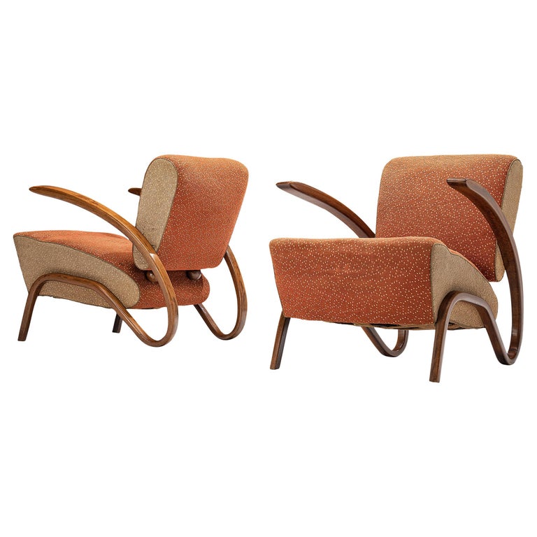 Jindrich Halabala Lounge Chairs Model ''H275'' in Orange and Beige ...