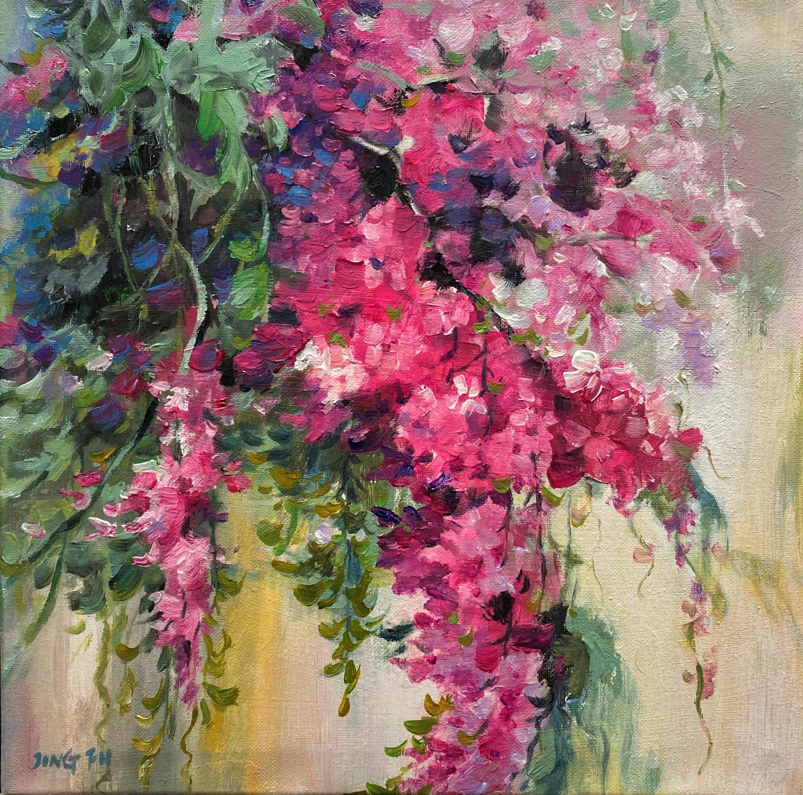 Jing Fu - Spring Flower (floral acrylic on canvas, colorful, pink ...