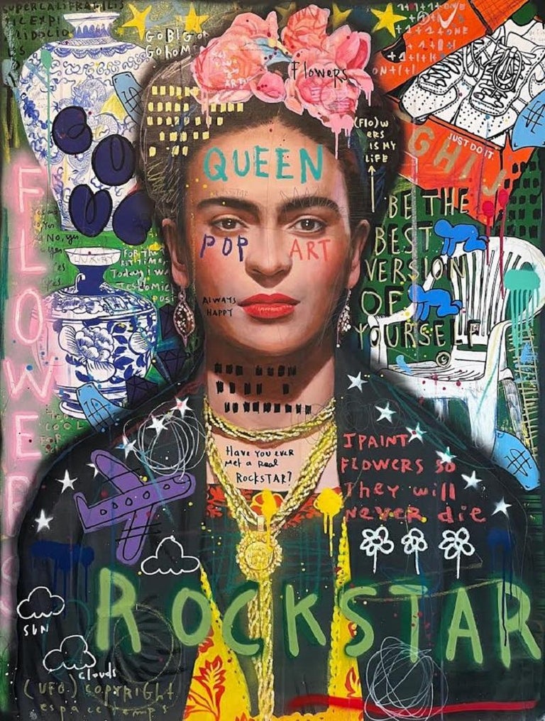 Jisbar - Queen Frida Flowers, acrylic on canvas, 2022, street art style ...