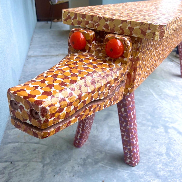 J.L. Nipper Style Outsider Folk Art Painted Alligator Bench/Sculpture ...