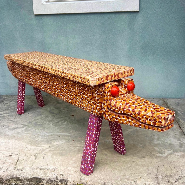 J.L. Nipper Style Outsider Folk Art Painted Alligator Bench/Sculpture ...
