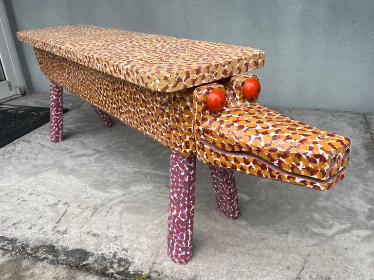 J.L. Nipper Style Outsider Folk Art Painted Alligator Bench/Sculpture ...