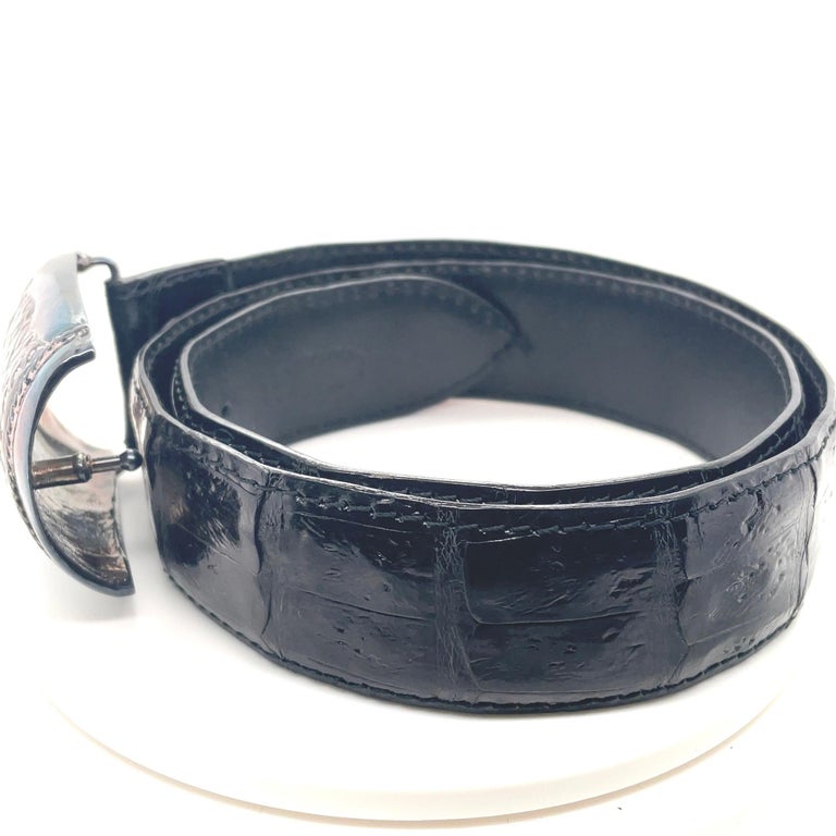 J&M Davidson Black Shiny Mens Leather Buckle Belt Silver Tone For Sale ...