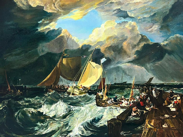 Large Marine Oil Painting Stormy Seascape Fishing Boats Calais Pier ...