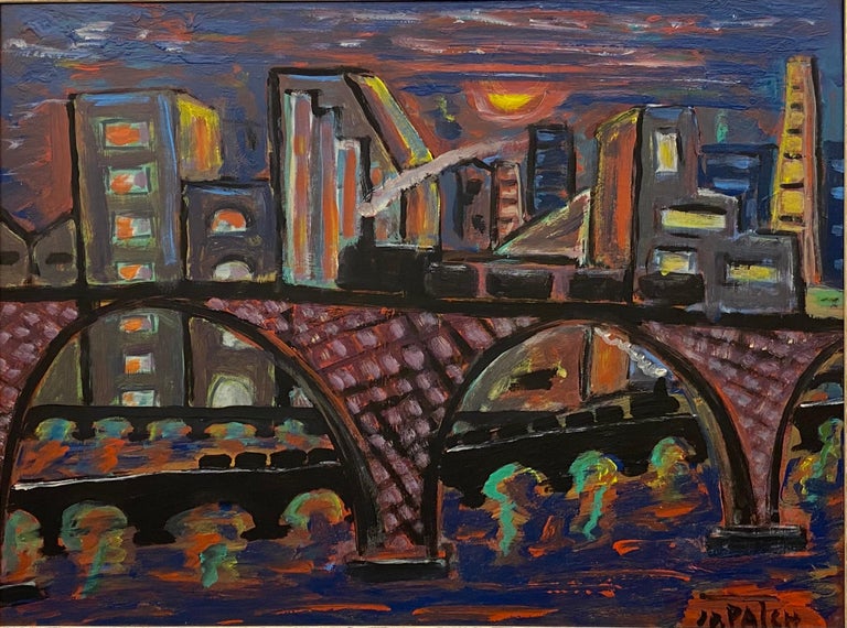 Jo Patch Framed Oil Painting Depicting New York Waterfront For Sale at ...