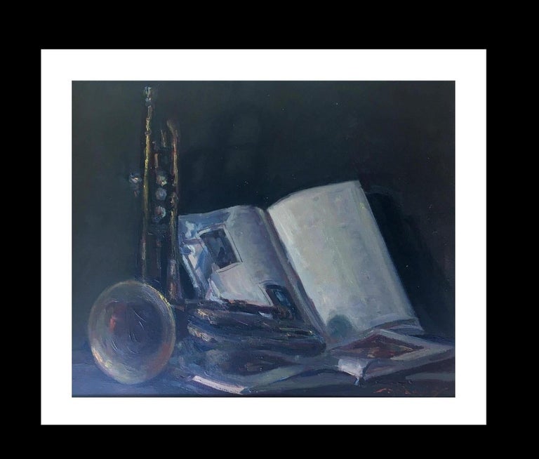 Joan Sola Puig - still life. book. trumpet. original impressionist oil ...