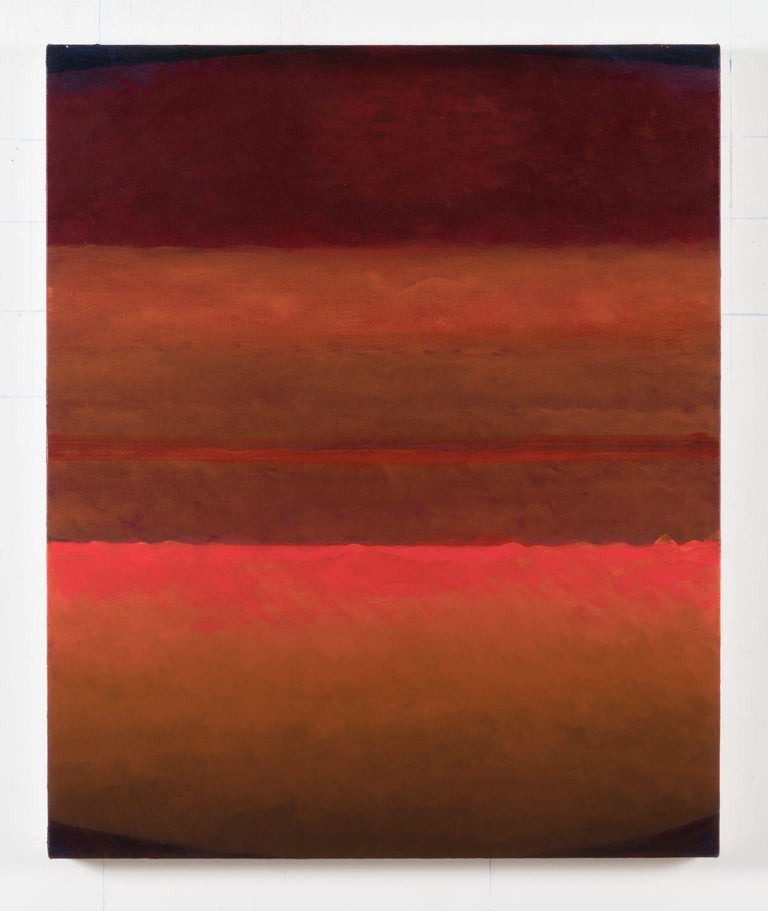 Joan Vennum - Bright coral red rectangular abstract oil painting on ...