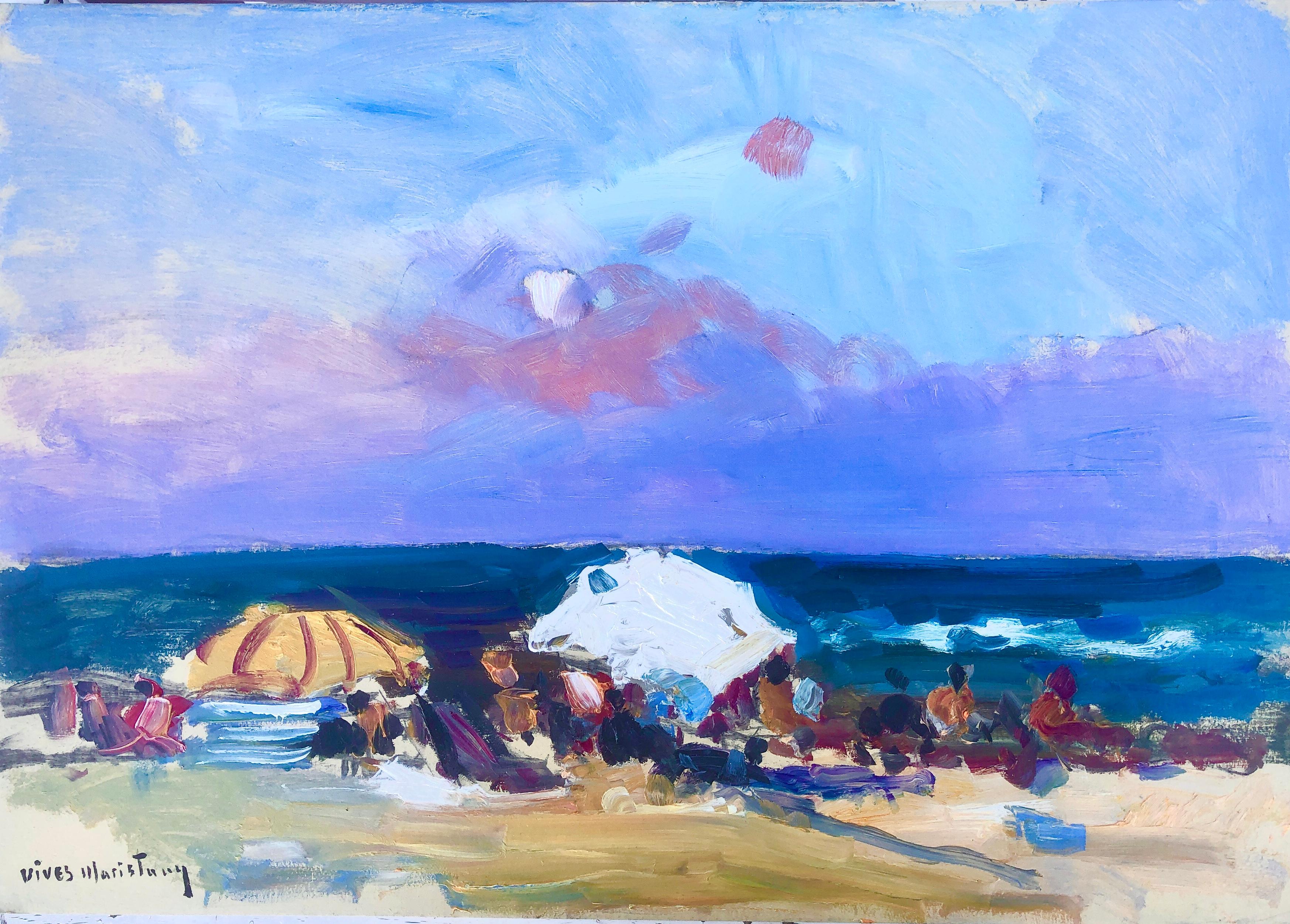 Joan Vives Maristany - Beach's day oil on cardboard painting ...