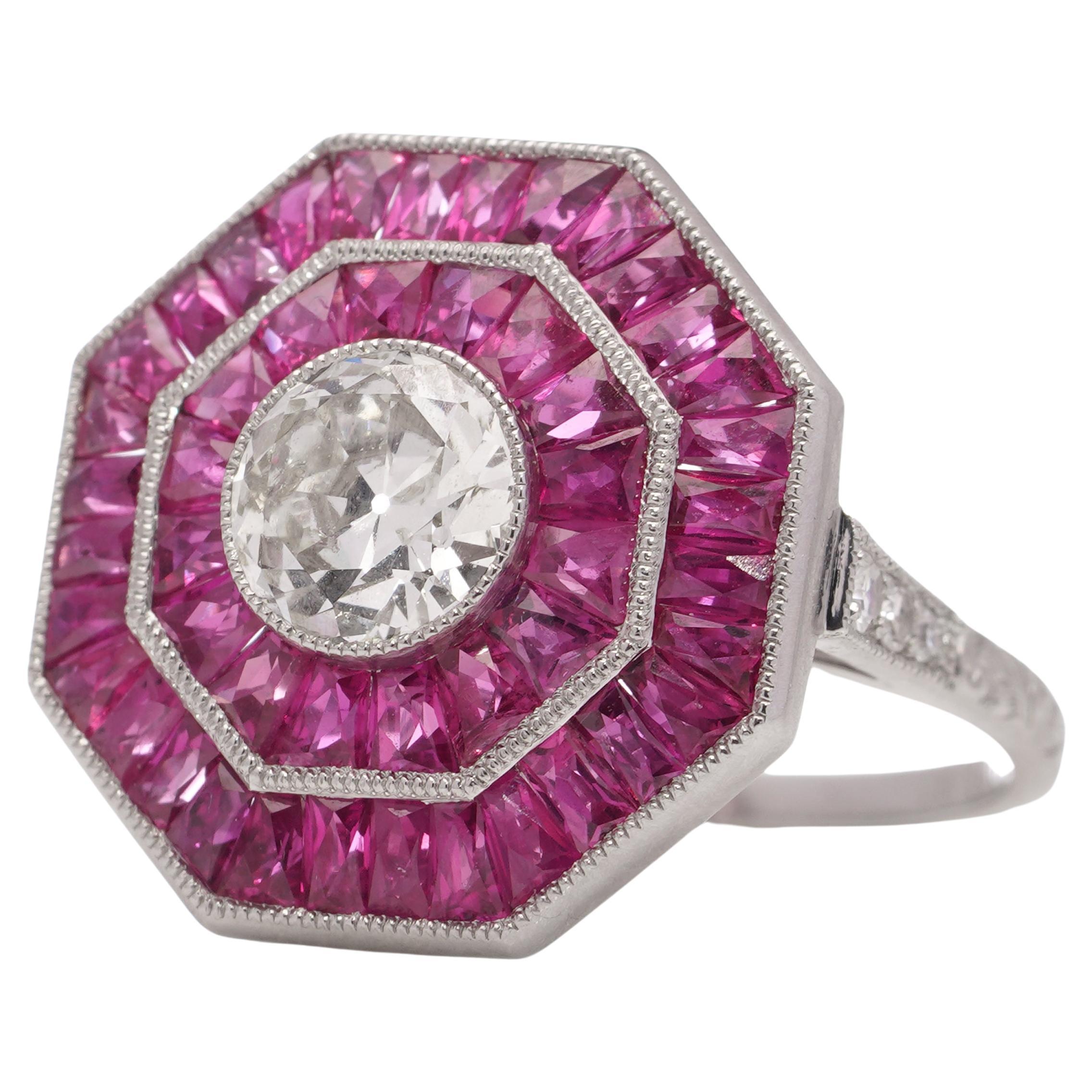 JoAq 850 Platinum octagon shaped - diamond and ruby target cluster ring ...