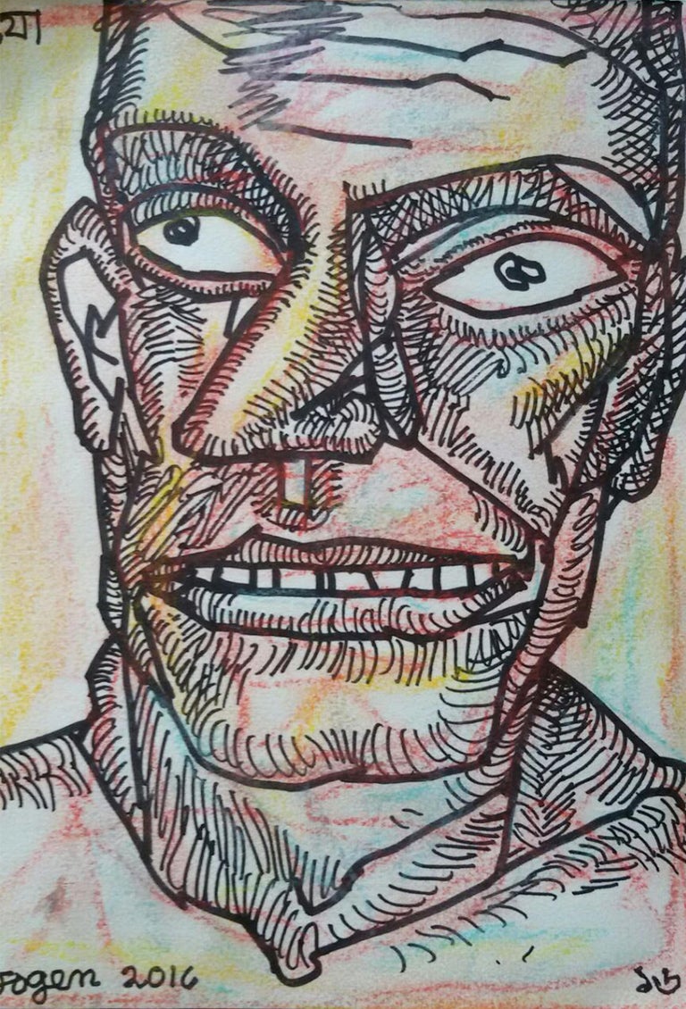 Jogen Chowdhury - Face of a Man, Ink and Pastel on paper, Pink, Brown ...