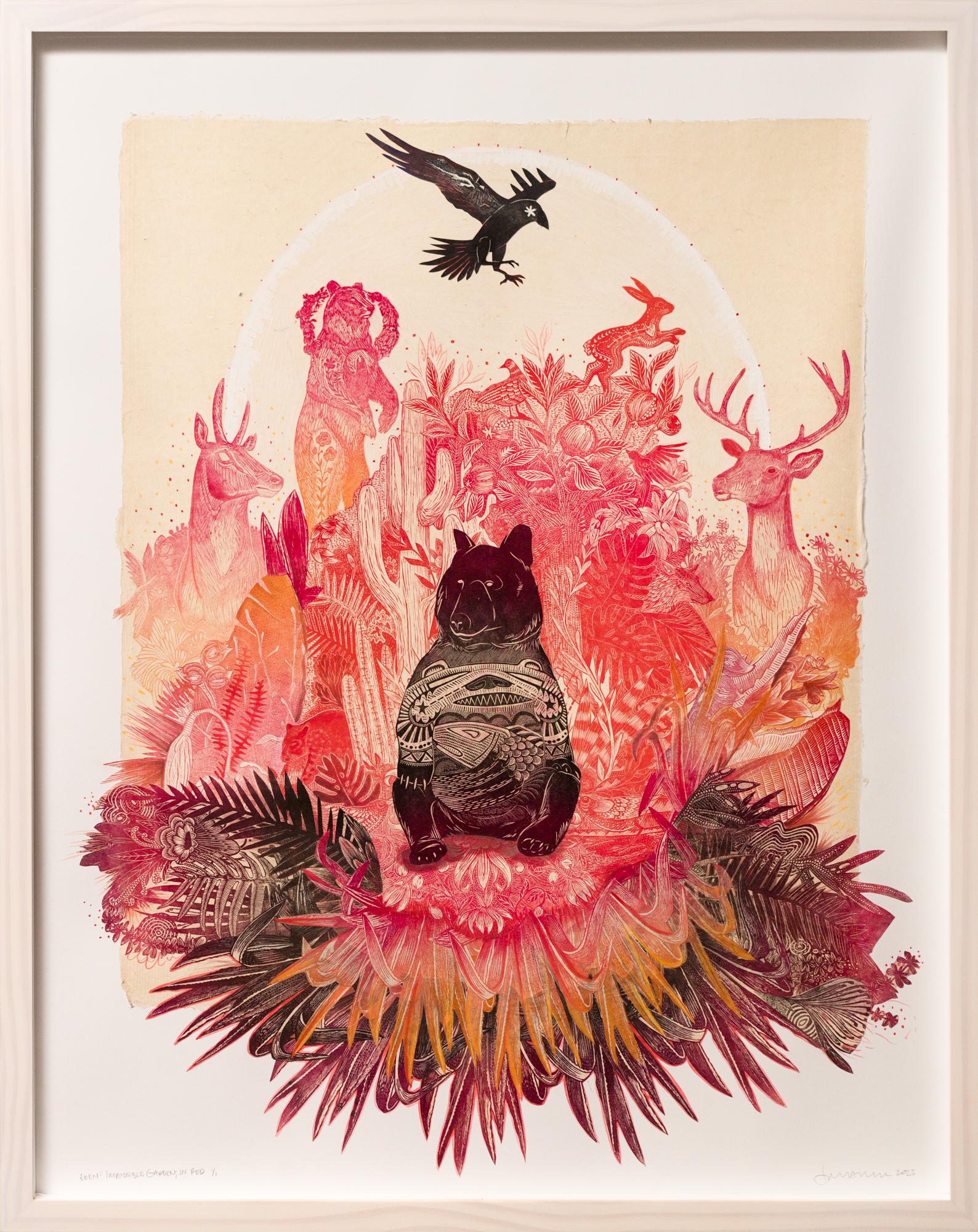 Johanna Mueller - "Eden, Red", Depiction of Animals and Flora, Relief ...