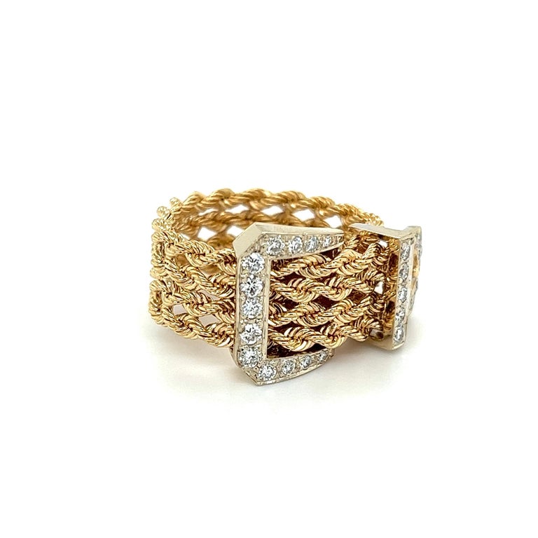 John Atencio Designer Diamond Buckle Clasp Gold Braid Rope Ring For ...