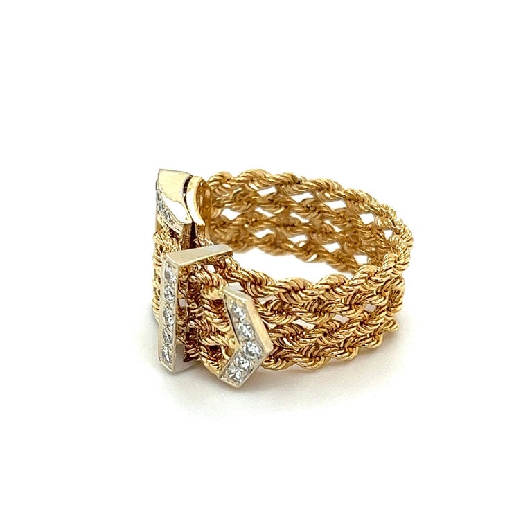 John Atencio Designer Diamond Buckle Clasp Gold Braid Rope Ring For ...