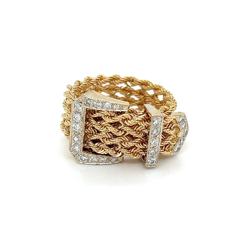 John Atencio Designer Diamond Buckle Clasp Gold Braid Rope Ring For ...