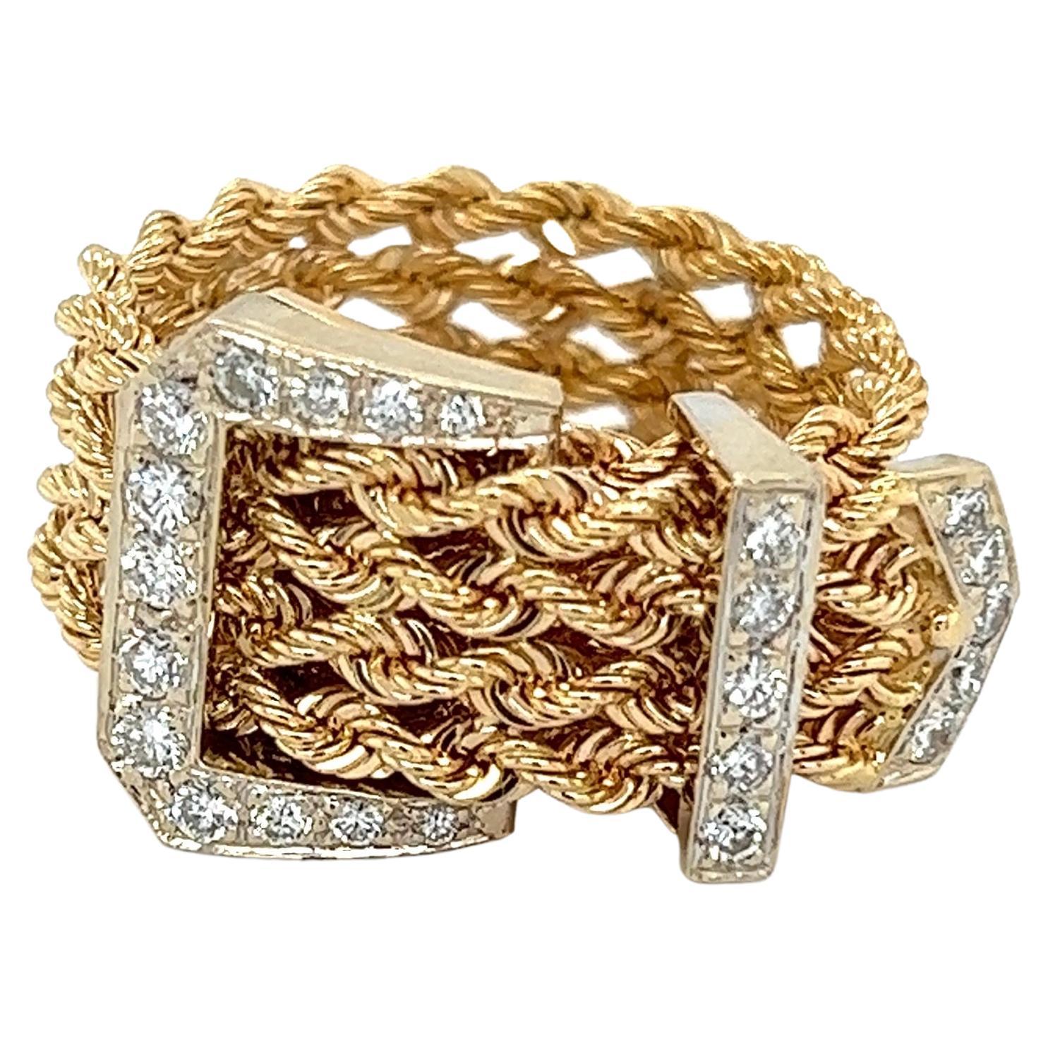 John Atencio Designer Diamond Buckle Clasp Gold Braid Rope Ring For ...