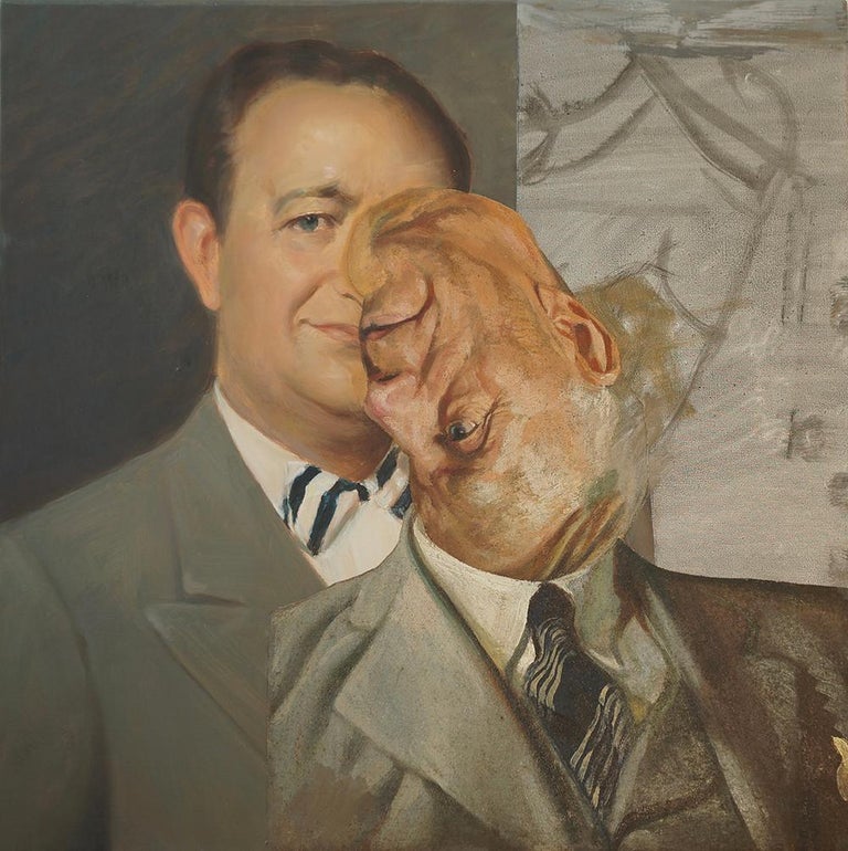 John Baker - "The Collyer Brothers", acrylic, mixed media, painting, collage, portrait, grey For ...