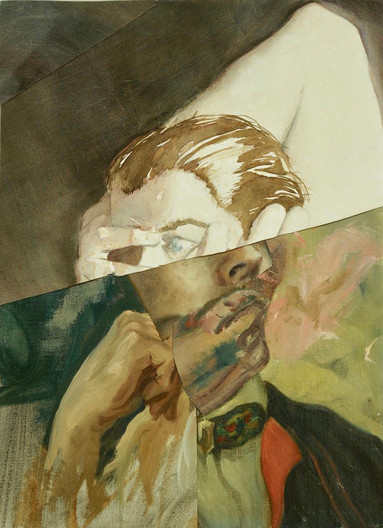 John Baker - "Tough Times", mixed media, collage, portrait, mauves ...