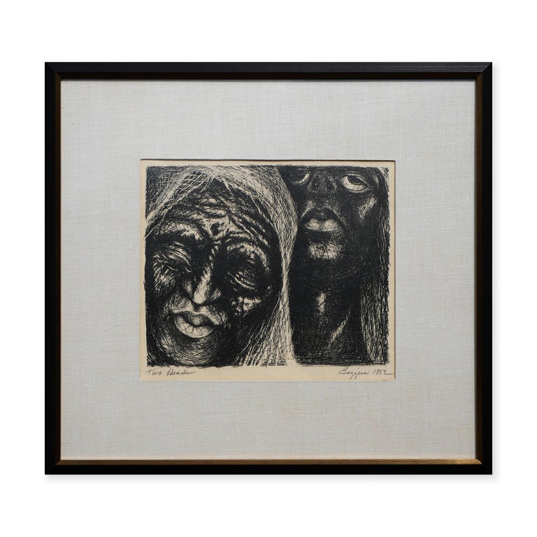 John Biggers - “Two Heads” Modern Abstract Black and White Woodcut ...