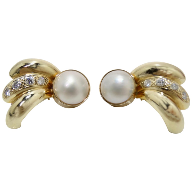 Joan Boyce 14K Gold Diamond and Pearl Earrings at 1stDibs
