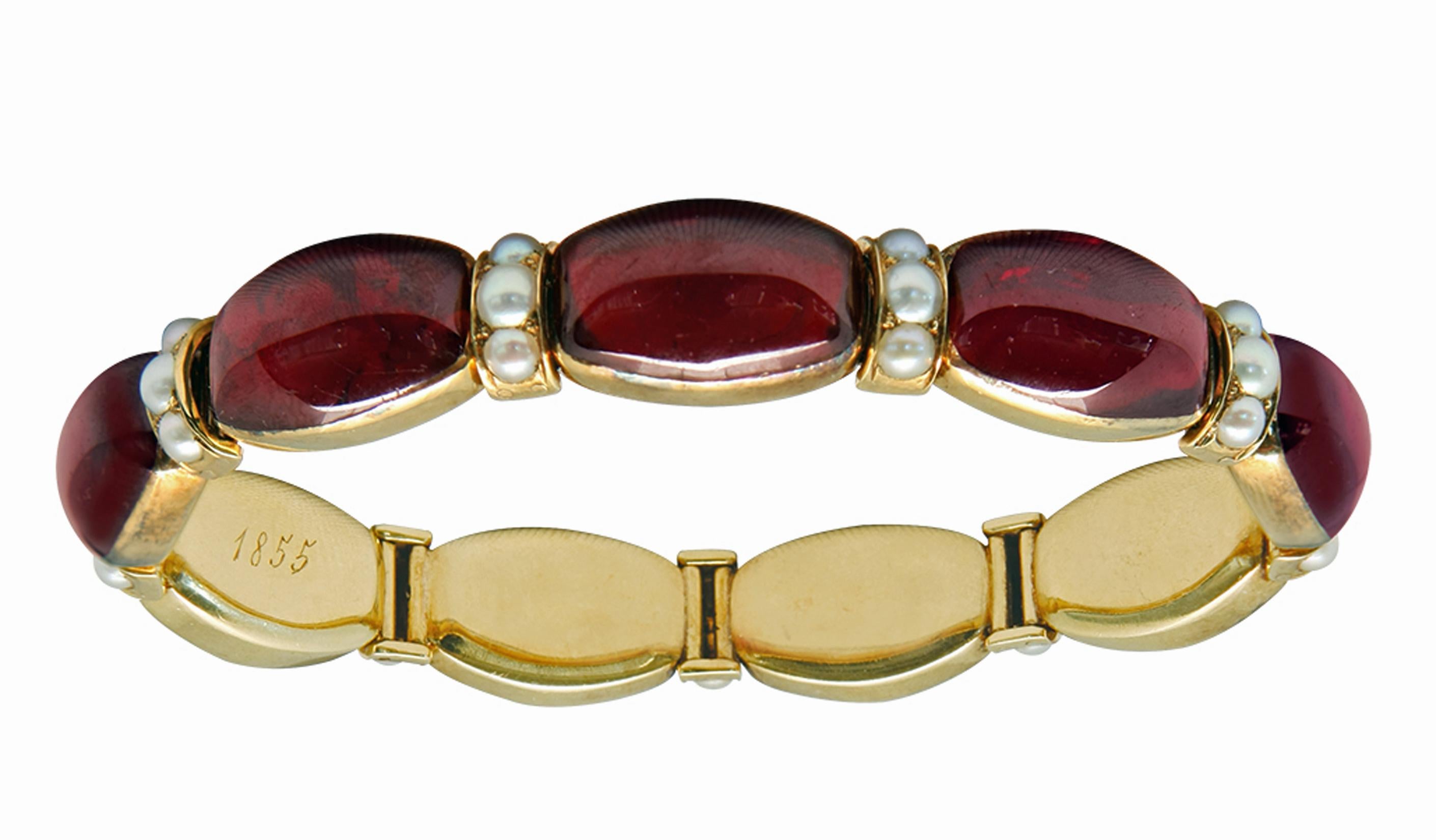John Brogden Gold Carbuncle and Pearl Bracelet, circa 1855 at 1stDibs