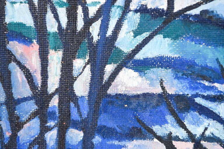 John Crockett, Modernist "Snowy Evening" Oil on Masonite Landscape ...