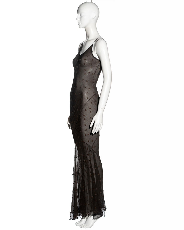 John Galliano brown embroidered bias cut silk chiffon evening dress, ss ...