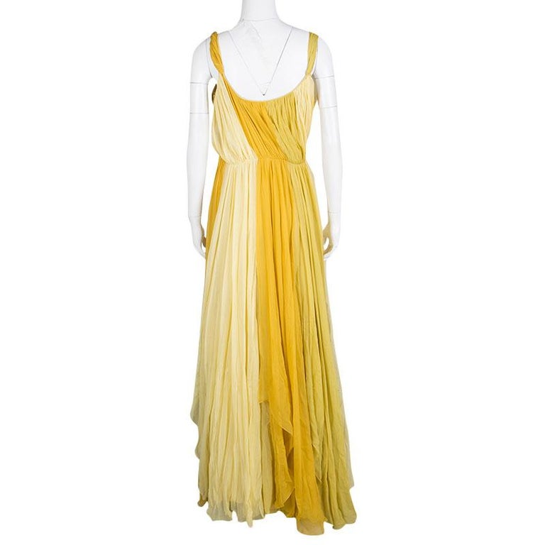 John Galliano Yellow Draped Silk Sleeveless Maxi Dress L For Sale at ...