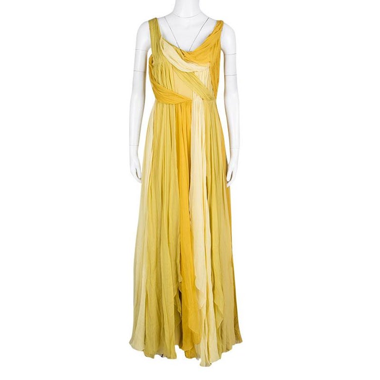 John Galliano Yellow Draped Silk Sleeveless Maxi Dress L For Sale at ...