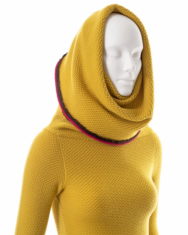 John Galliano yellow waffle-knit wool long sleeve turtleneck dress, fw ...