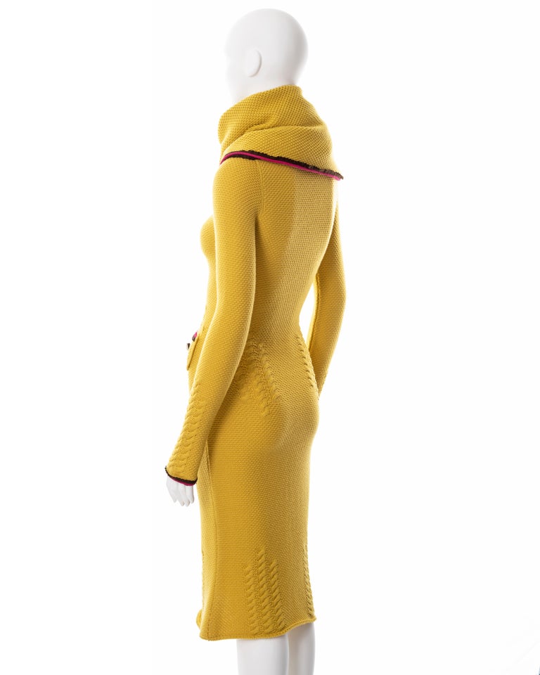 John Galliano yellow waffle-knit wool long sleeve turtleneck dress, fw ...