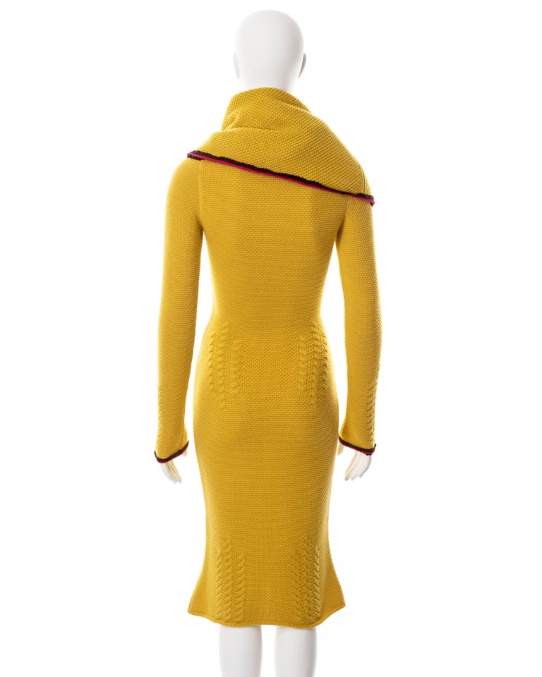 John Galliano yellow waffle-knit wool long sleeve turtleneck dress, fw ...