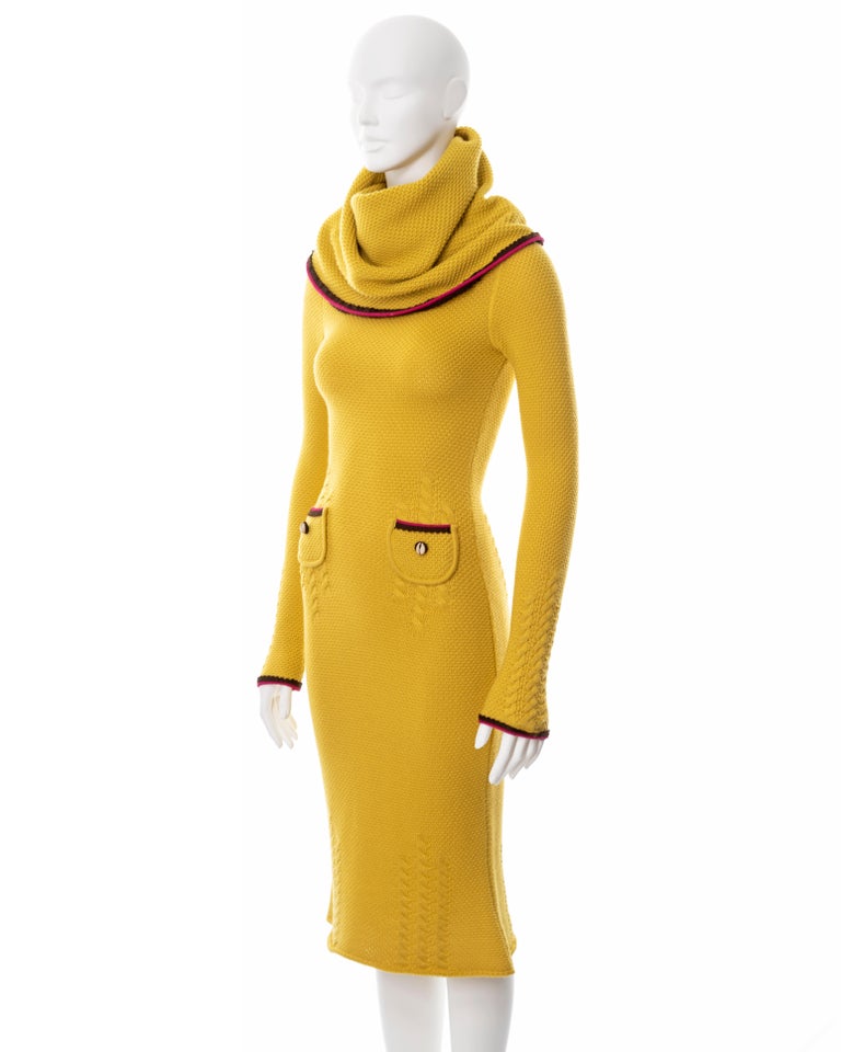 John Galliano yellow waffle-knit wool long sleeve turtleneck dress, fw ...