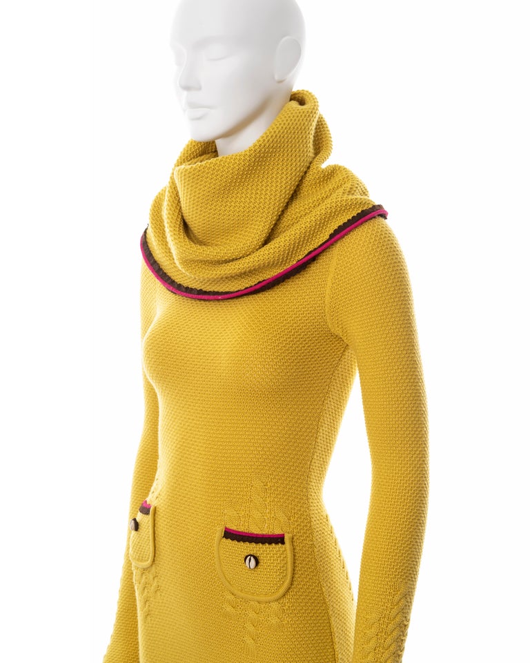 John Galliano yellow waffle-knit wool long sleeve turtleneck dress, fw ...