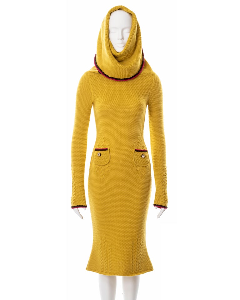John Galliano yellow waffle-knit wool long sleeve turtleneck dress, fw ...