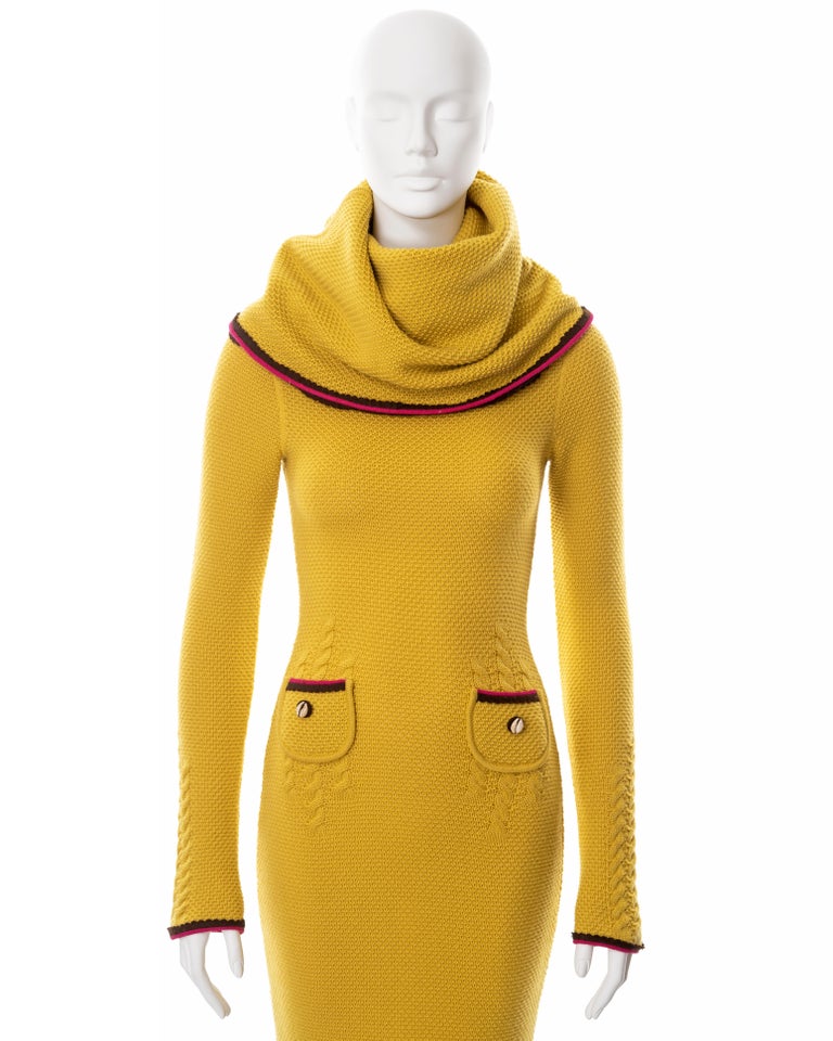 John Galliano yellow waffle-knit wool long sleeve turtleneck dress, fw ...