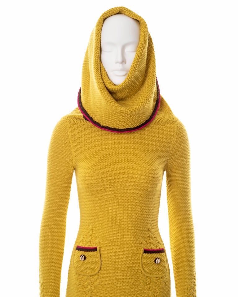 John Galliano yellow waffle-knit wool long sleeve turtleneck dress, fw ...