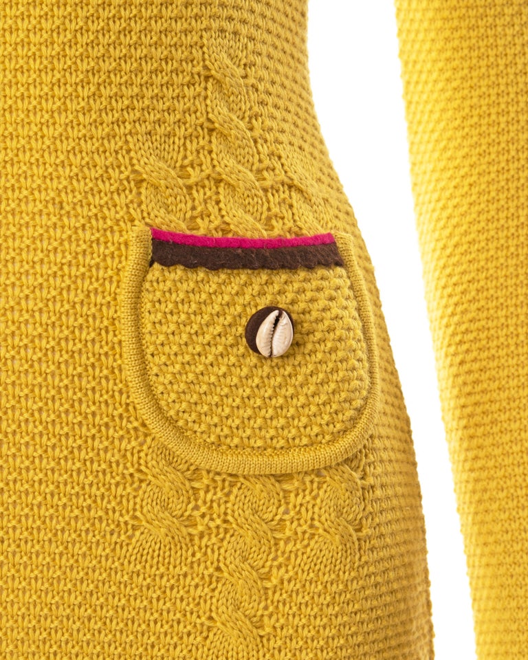 John Galliano yellow waffle-knit wool long sleeve turtleneck dress, fw ...