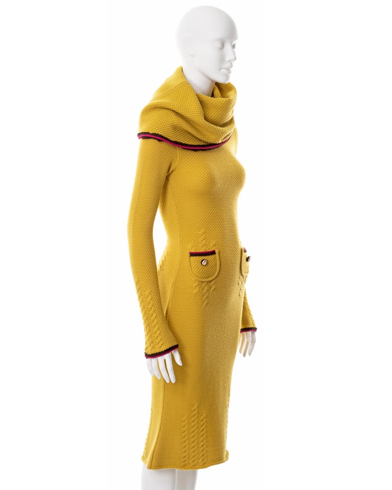 John Galliano yellow waffle-knit wool long sleeve turtleneck dress, fw ...