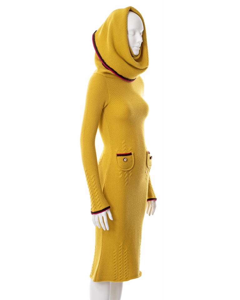 John Galliano yellow waffle-knit wool long sleeve turtleneck dress, fw ...