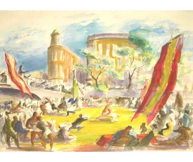 John Groth - Large Watercolour Painting John Groth, Men Wrestling ...