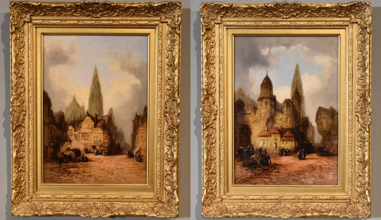 John Henry Foley - Oil Painting Pair by Henry Foley "Continental Town ...