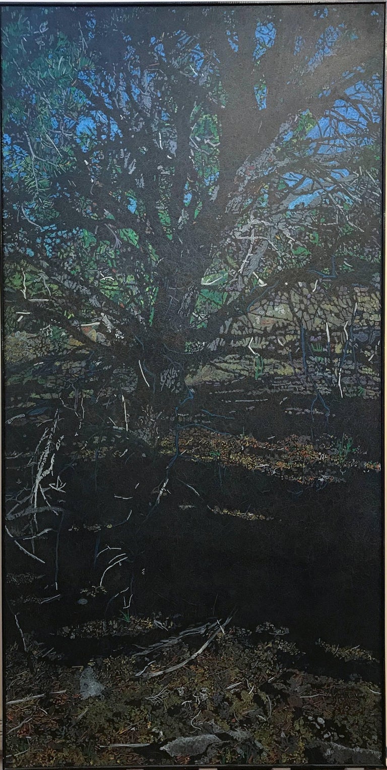 John Hogan - Dark Piñon, large vertical painting, black, brown, blue ...