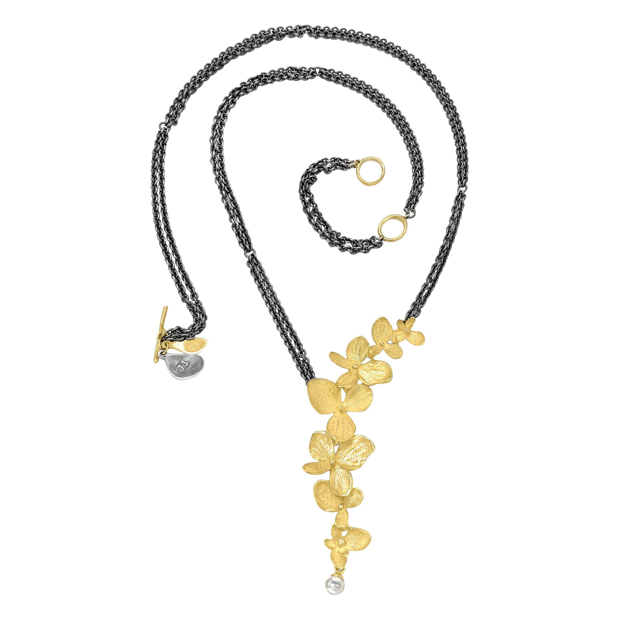 John Iversen Gold Hydrangea Pearl Drop Double Oxidized Silver Chain ...