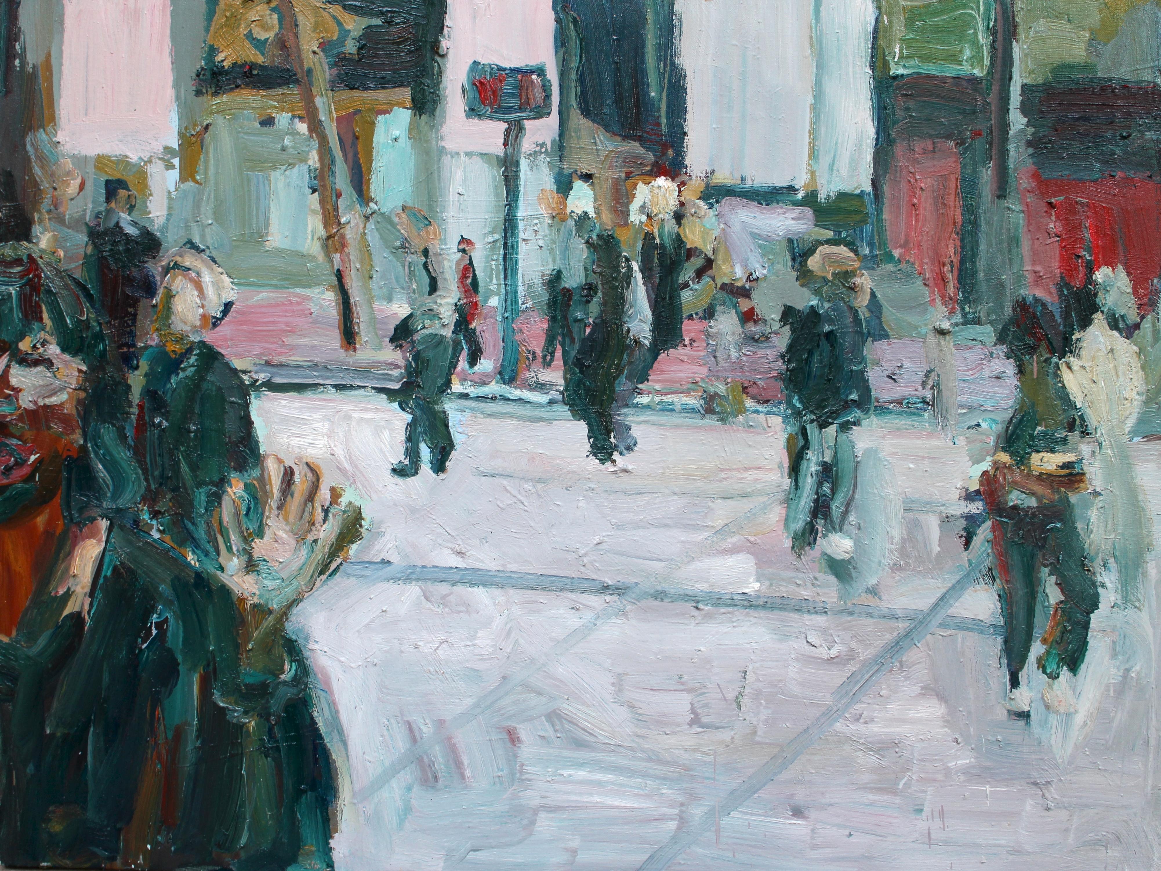 John Kilduff - Crossing the street, Painting, Oil on Canvas For Sale at 1stDibs