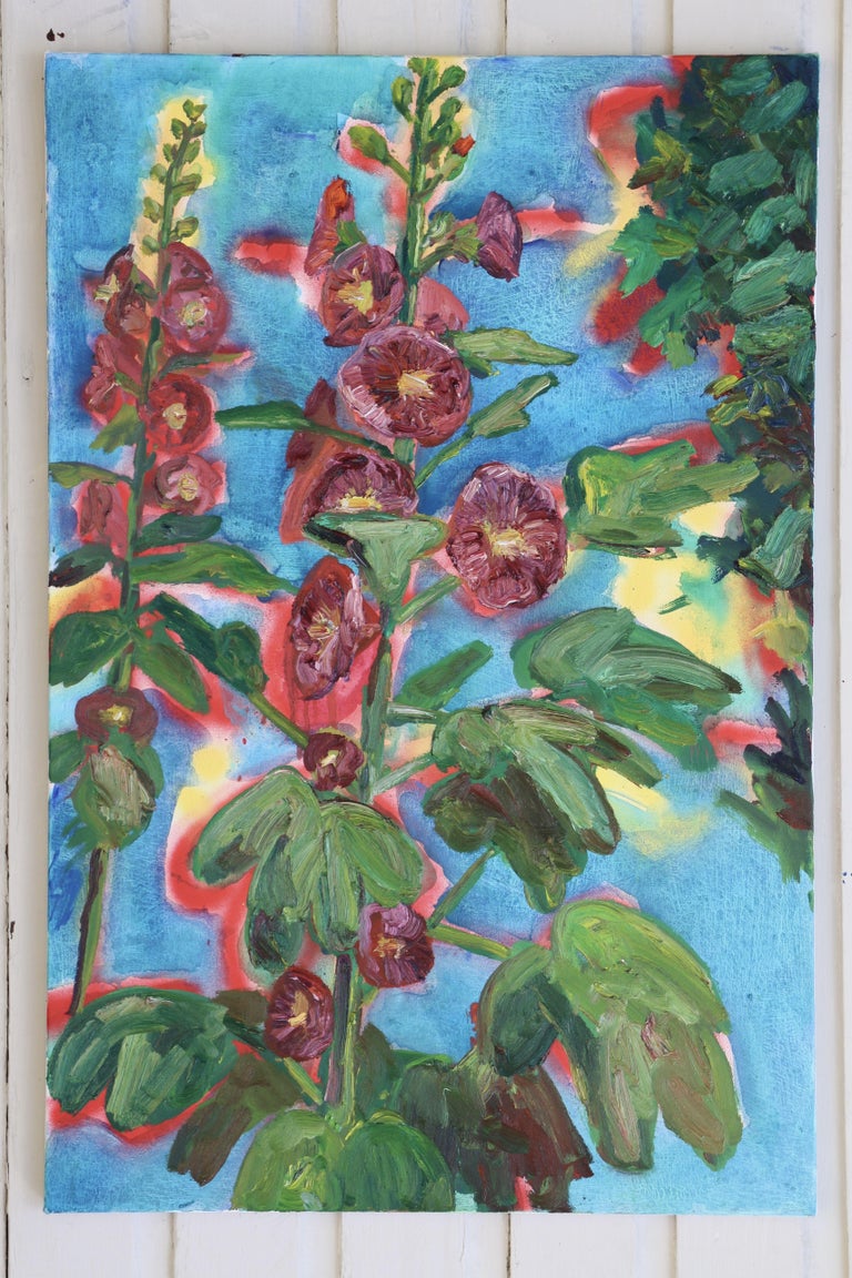 John Kilduff - Hollyhocks on blue, Painting, Oil on Canvas For Sale at ...