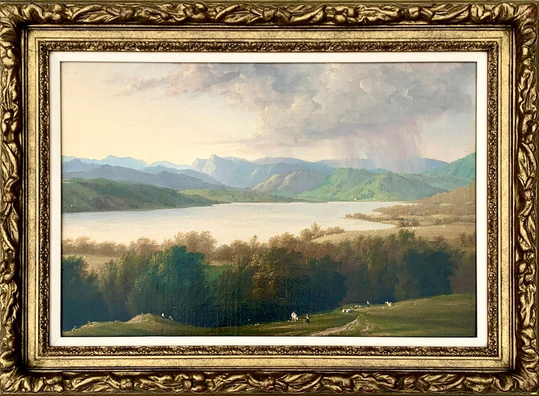 19th century British lake landscape with sheep, figures and a storm ...