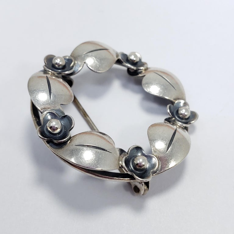 John L Denmark Sterling Silver Round Flower and Leaf Brooch Pin ...